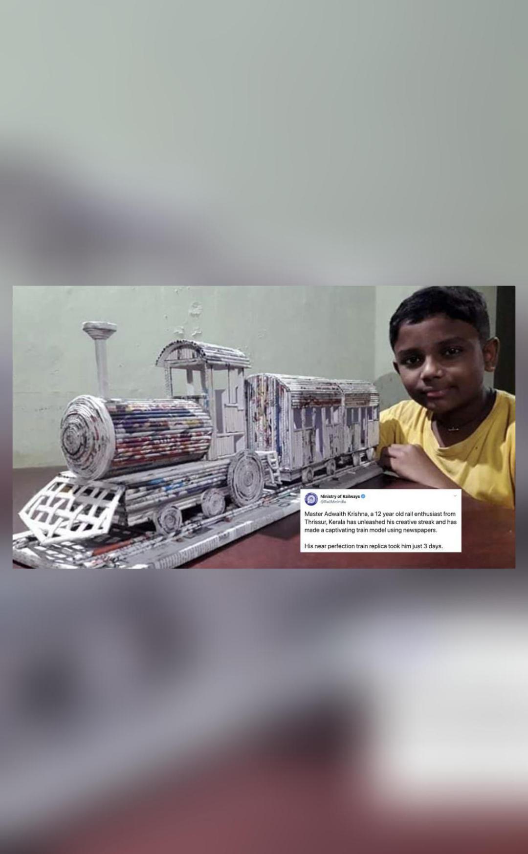 Kerala boy makes train model with newspapers, Railways shares pics ...