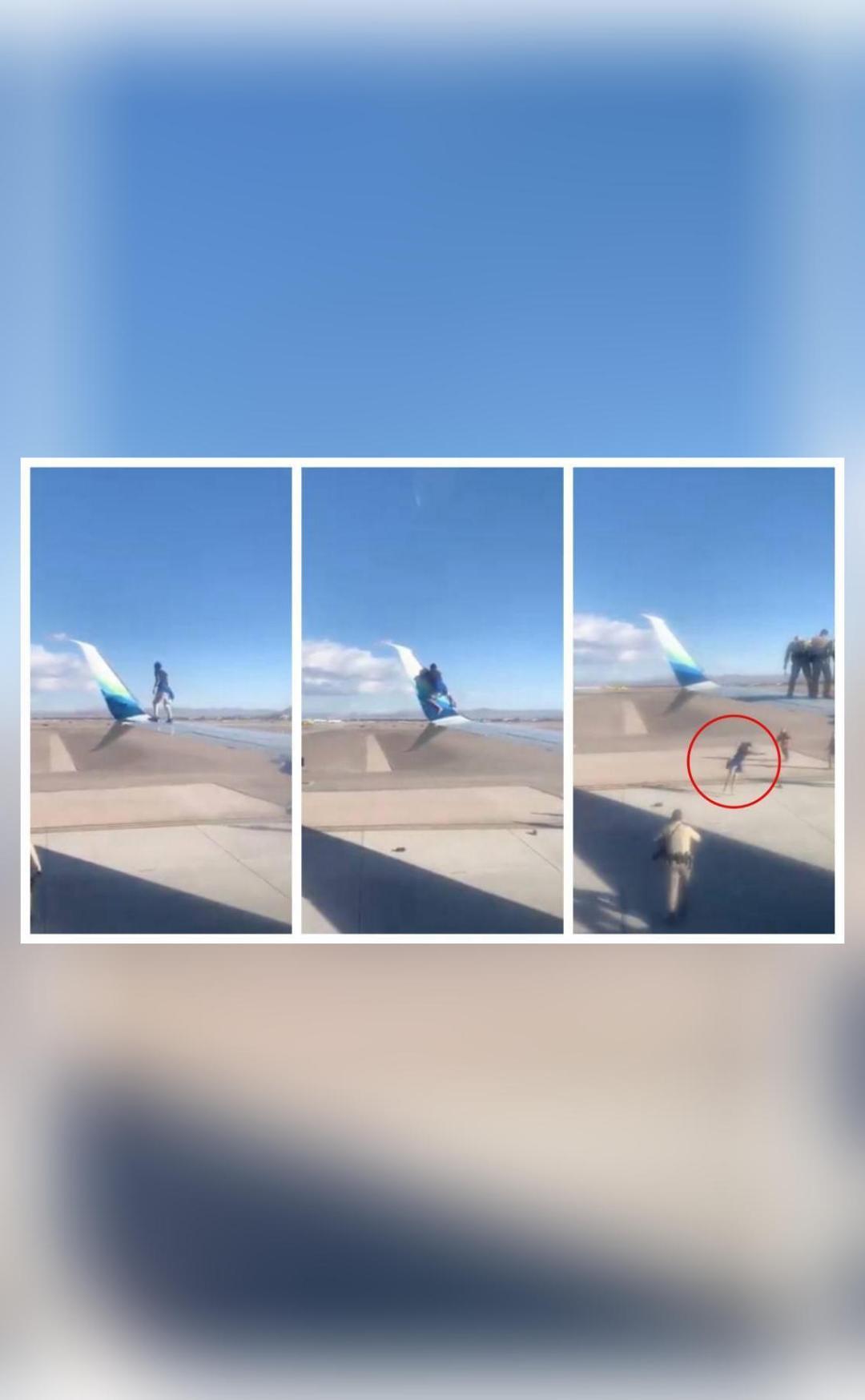 Man hops fence and climbs onto wing of airplane preparing to takeoff in ...