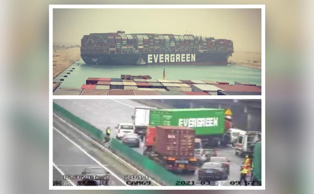 Pic shows truck carrying Evergreen container blocking traffic like ...