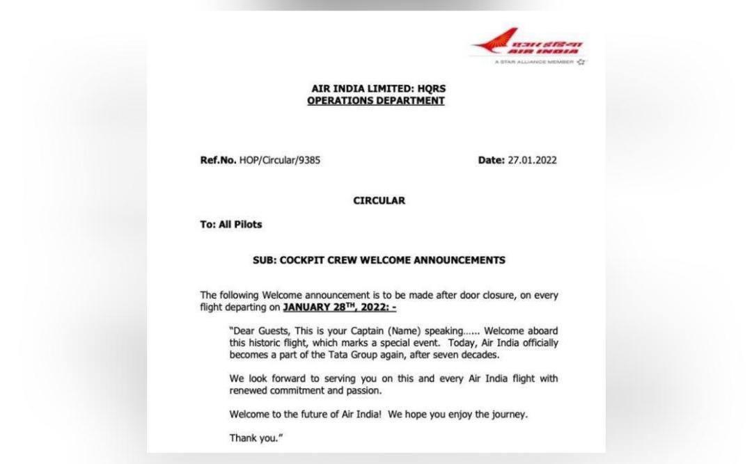 Dear guests, welcome aboard this historic flight: Air India's message ...