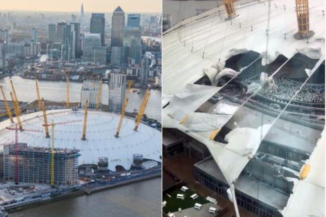 Pic shows parts of London's O2 Arena ripped off as Storm Eunice hits UK