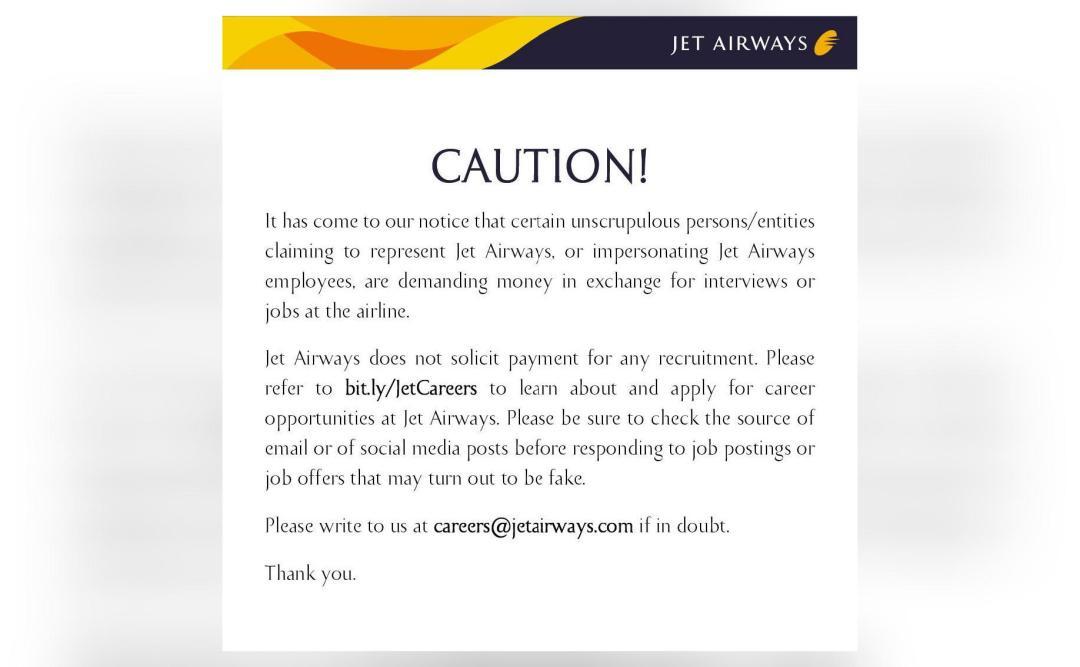 Jet Airways warns job applicants of fake interviews, issues statement ...