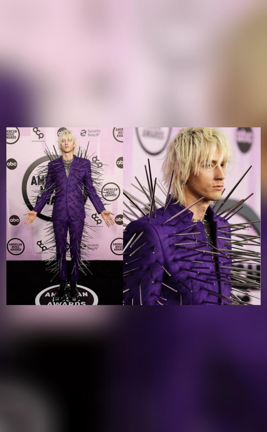 Machine Gun Kelly wears suit covered in inches-long gunmetal spikes ...