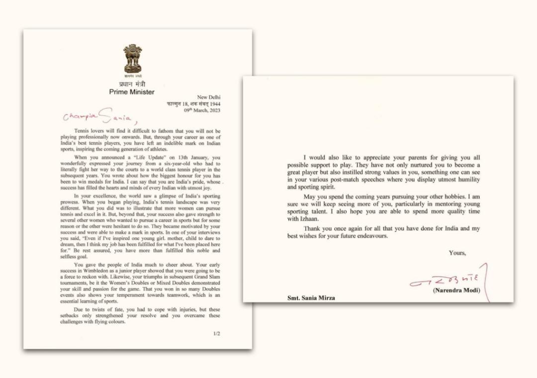 Sania Mirza shares letter PM Modi wrote to her on her retirement
