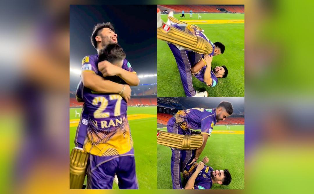 Nitish Rana carries Rinku Singh in his arms after his 5 sixes in a row ...