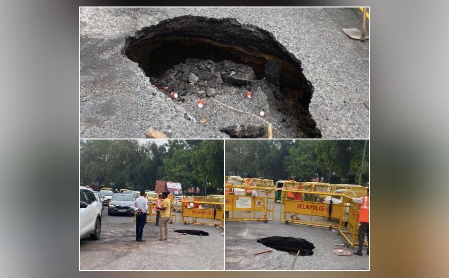 Road caves in near India Gate in Delhi, causes traffic congestion