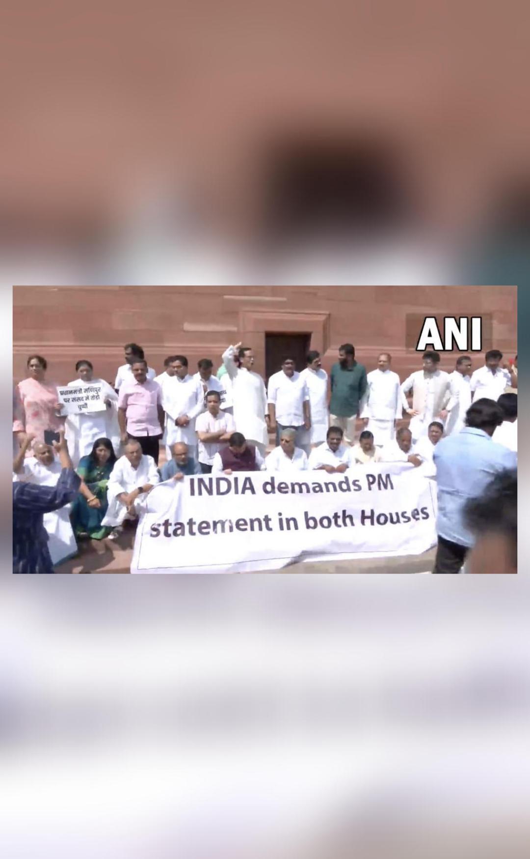 Opp'n protests outside Parl, demands PM's statement on Manipur