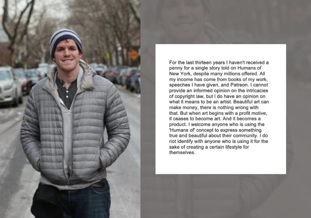 Never got a penny for a story on Humans of New York in 13 years ...
