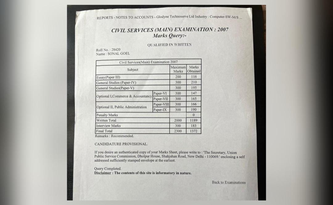IAS officer Sonal Goel shares her UPSC marksheet, says 'believe in your ...