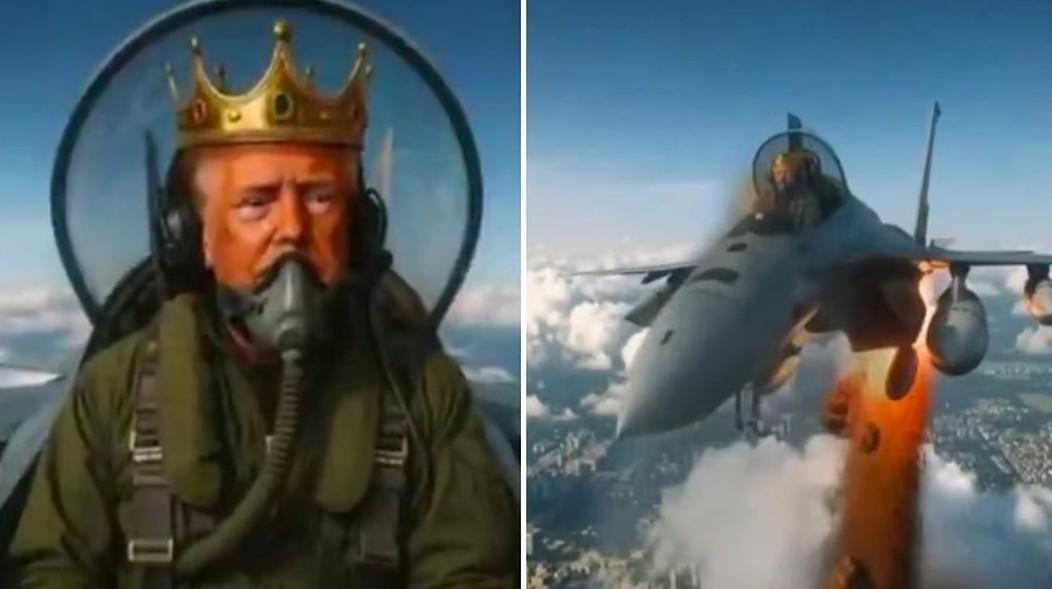 Trump shares AI video of him with a crown on dropping poop from fighter ...